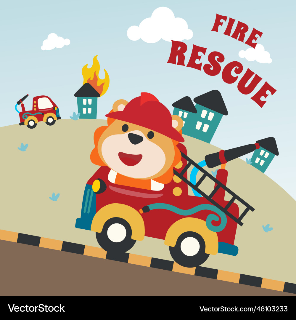 Fire rescue team with funny firefighter cartoon Vector Image