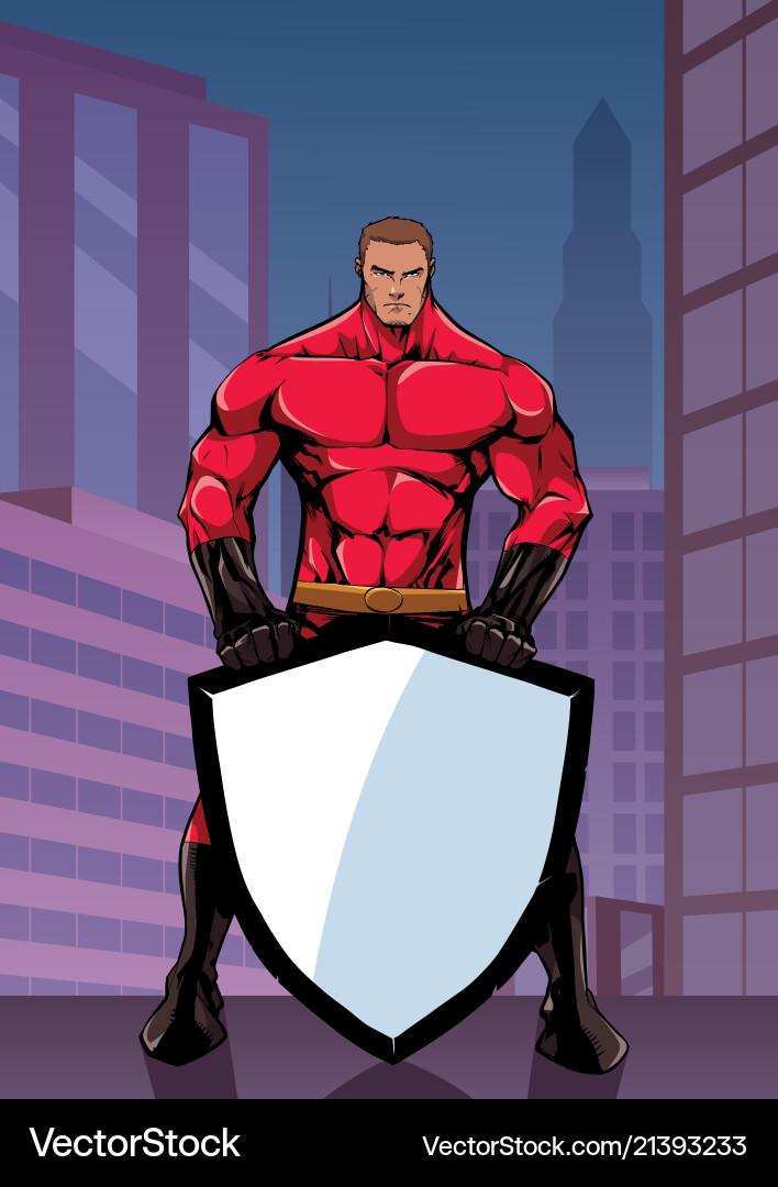 Superhero holding shield in city vertical Vector Image