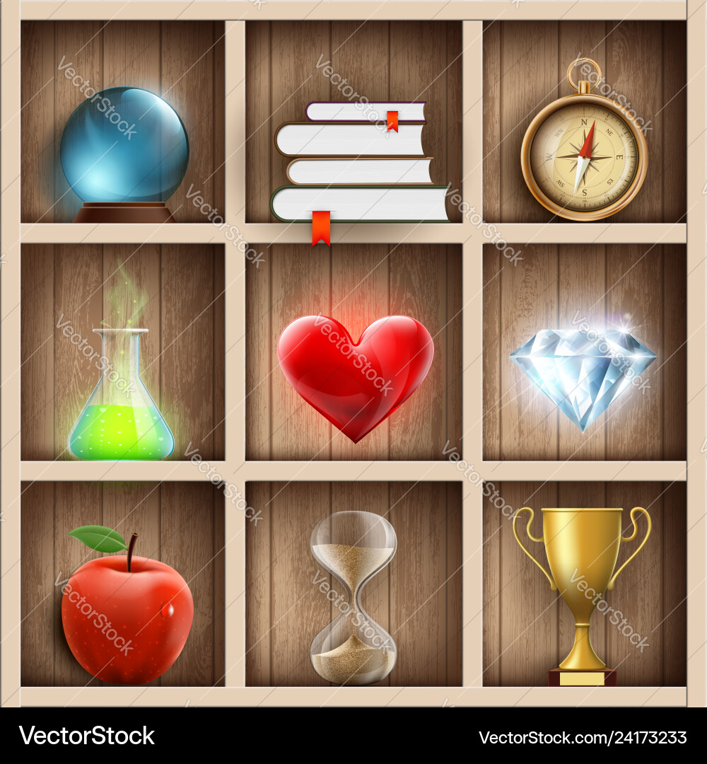 Wooden shelves with magic and wizard items Vector Image