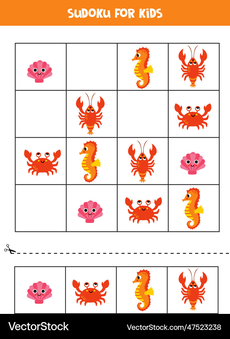Educational sudoku game with cute sea animals Vector Image