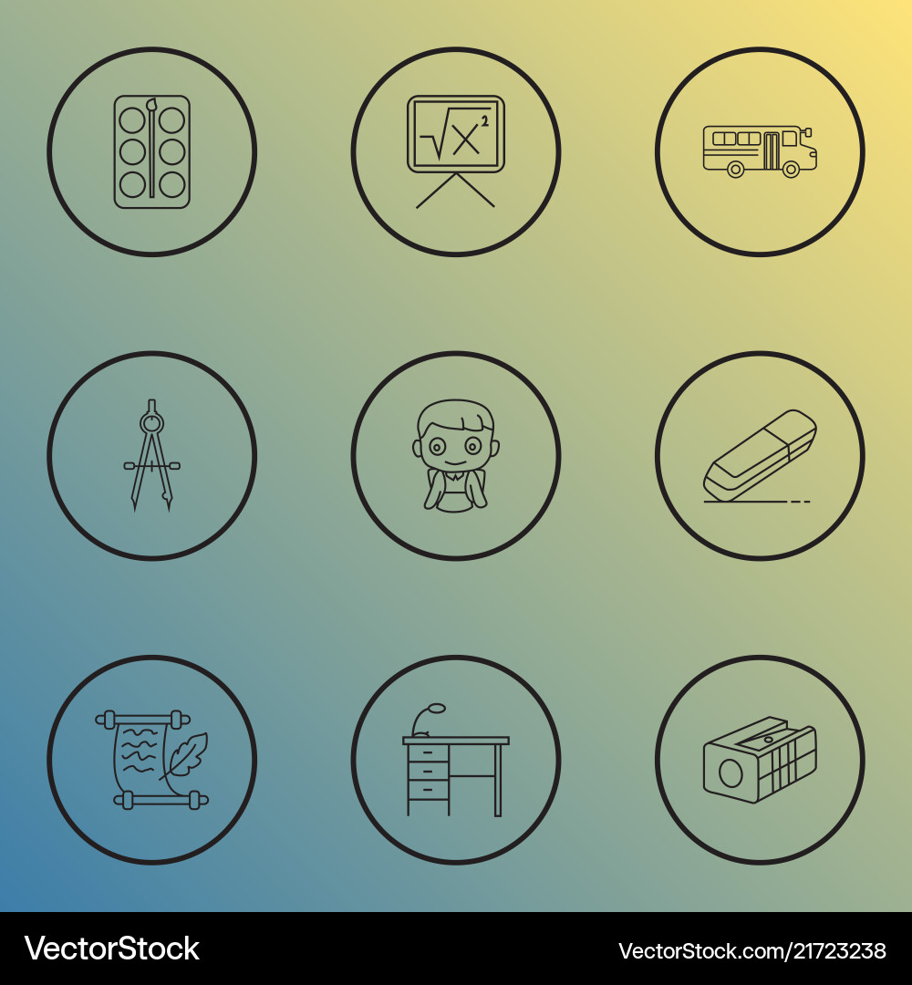 School icons line style set with boy Royalty Free Vector