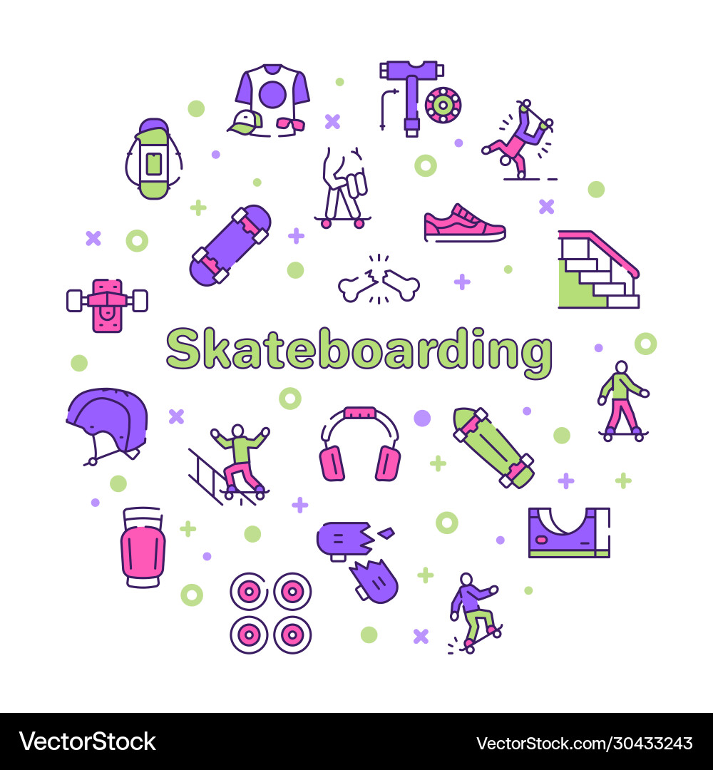 Skateboarding symbols color linear icon set Vector Image