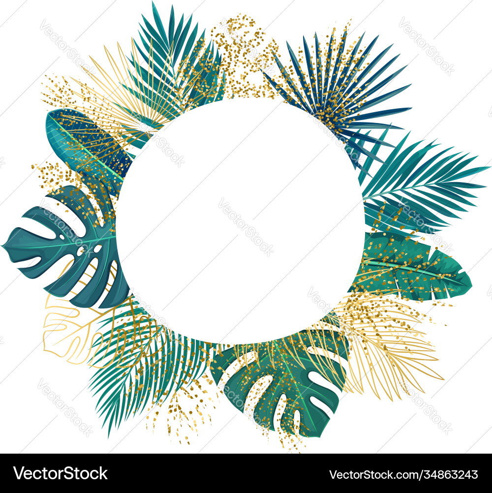Tropical leaves circle frame golden leaf and Vector Image