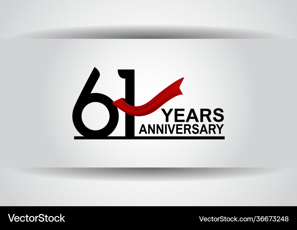 61 years anniversary design with red ribbon Vector Image