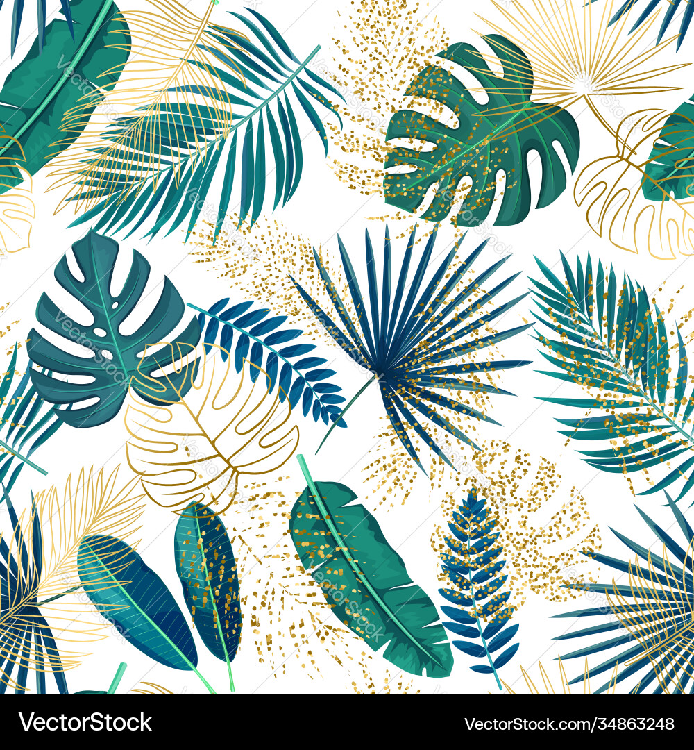 Green and golden tropical leaves seamless pattern Vector Image