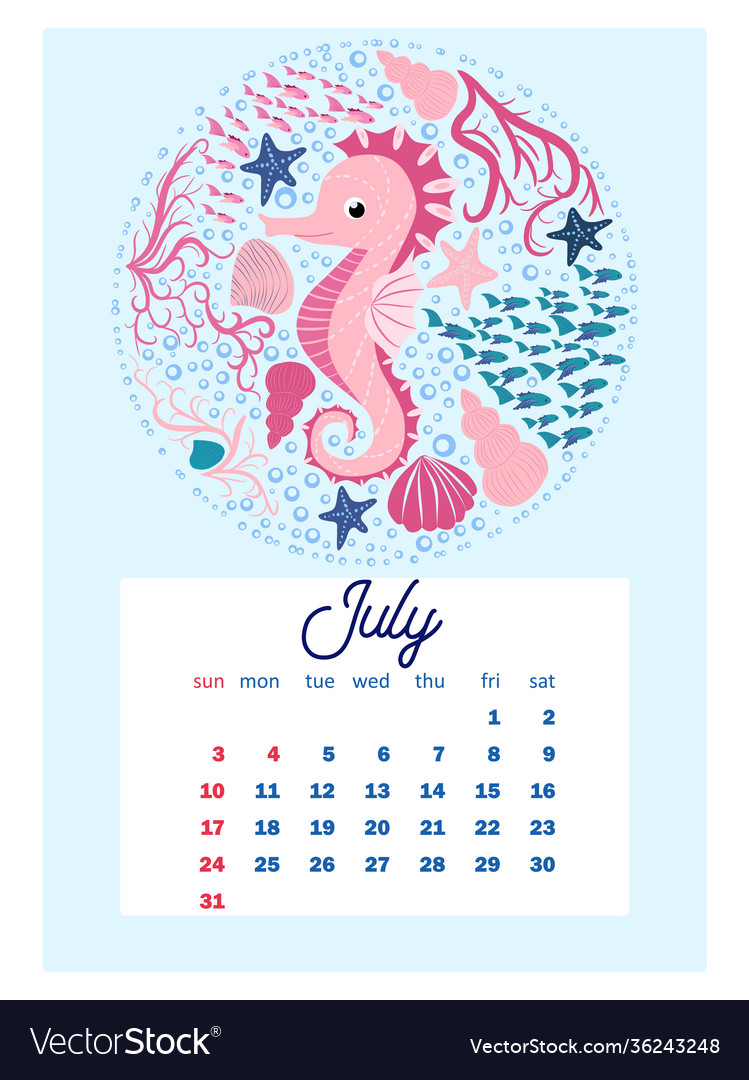 Marine life wall calendar design template Vector Image