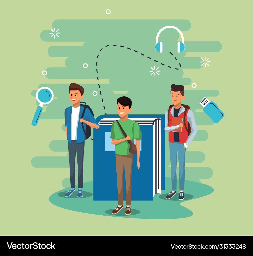 Online education tech with students boys and book Vector Image