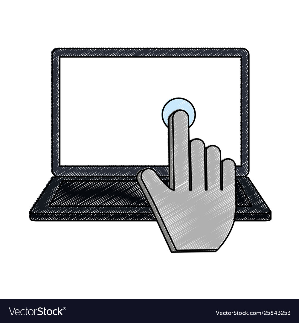 Cursor touching laptop screen scribble Royalty Free Vector