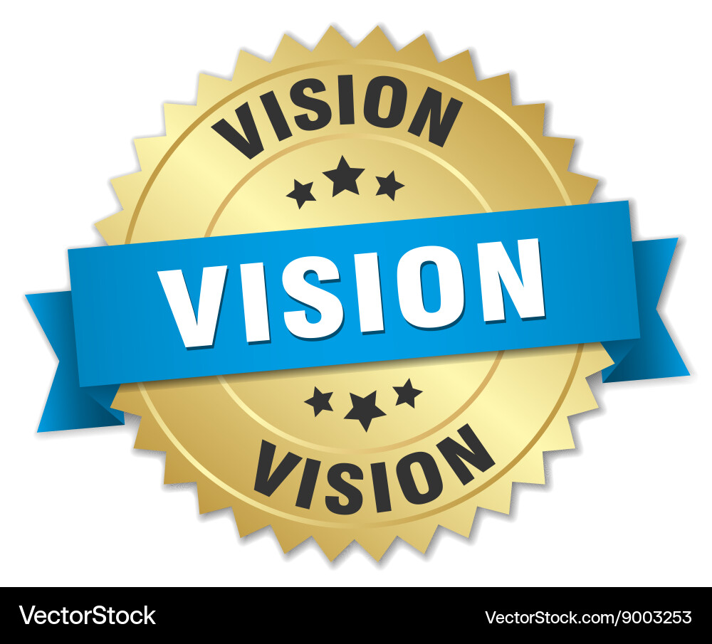 Vision 3d gold badge with blue ribbon Royalty Free Vector