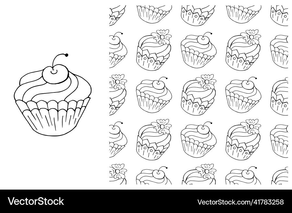 Coloring cupcake set of element and seamless Vector Image