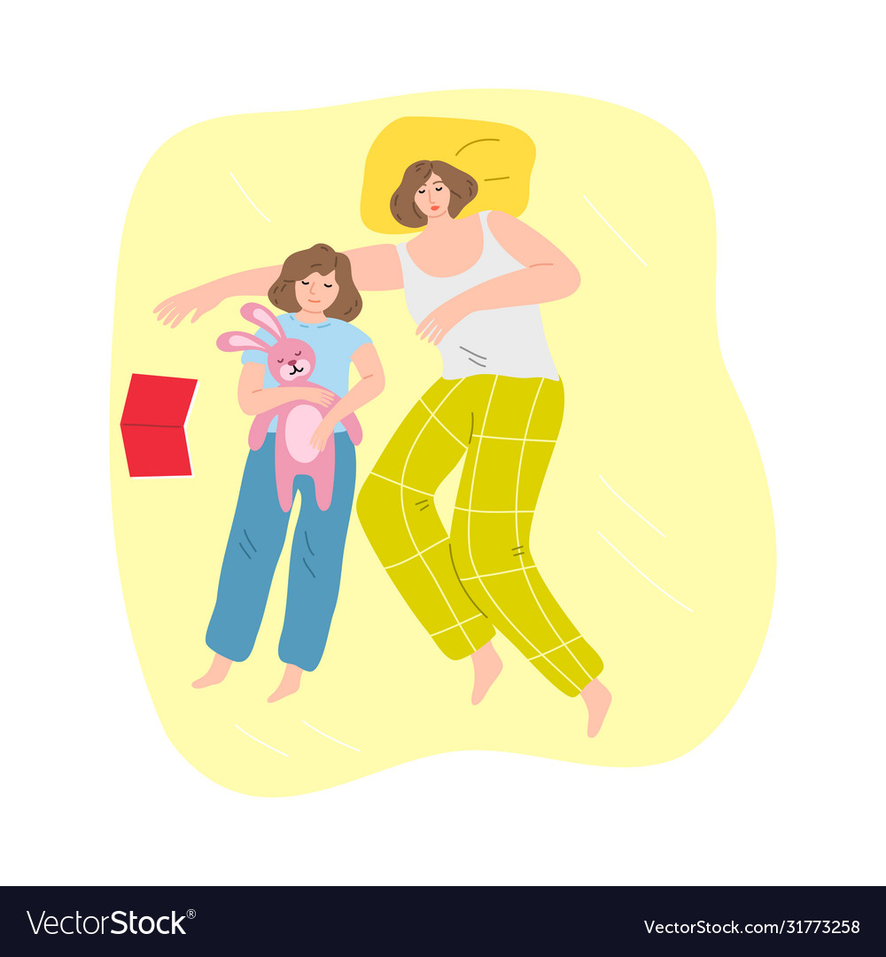 Mother and daughter sleeping in one bed at home Vector Image