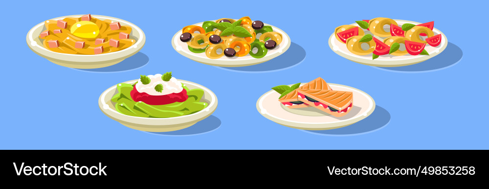 Pasta sandwich and salad on plate blue Royalty Free Vector