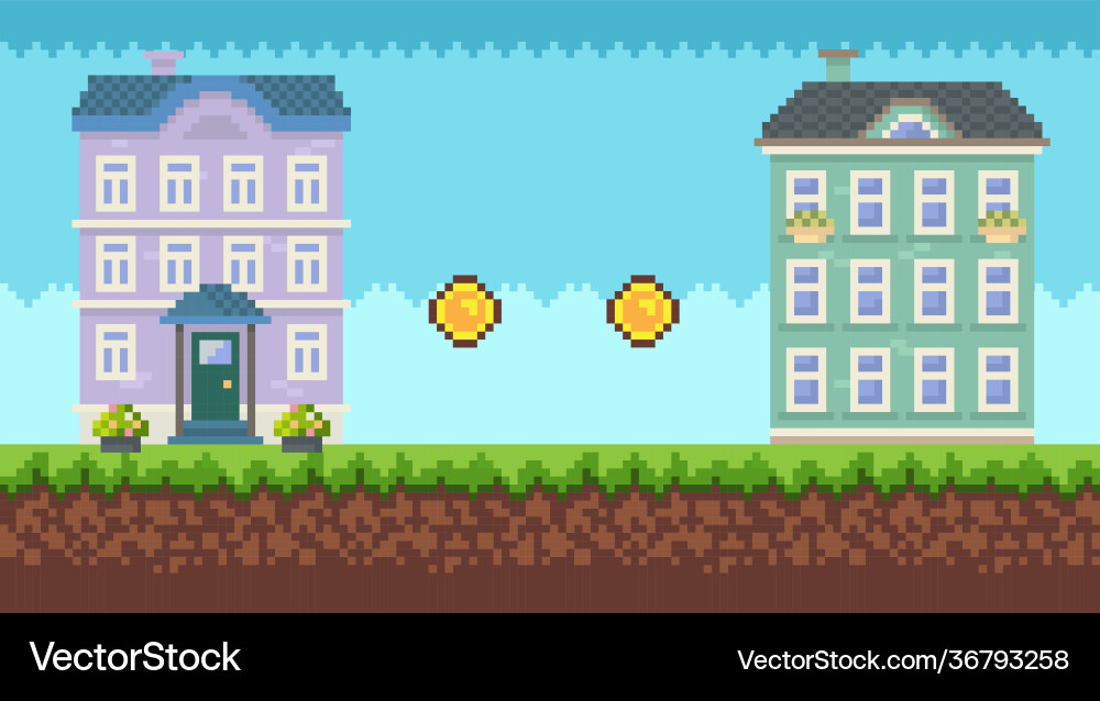 Pixel-game elements scene with nature Royalty Free Vector