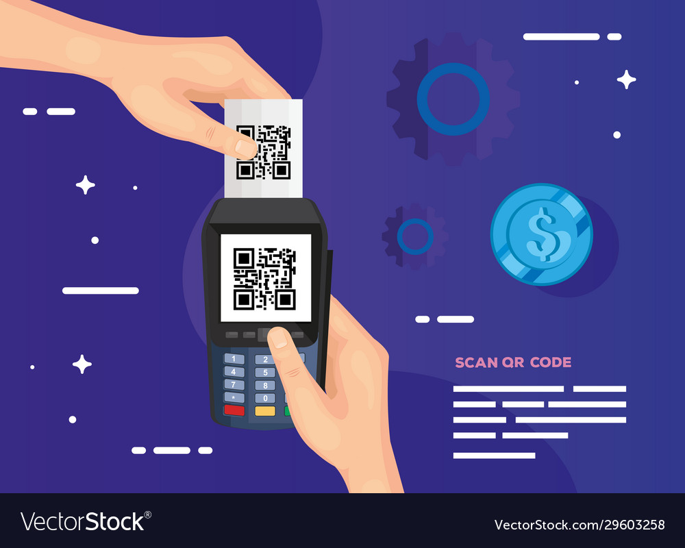 Scan qr code with hands using dataphone Royalty Free Vector