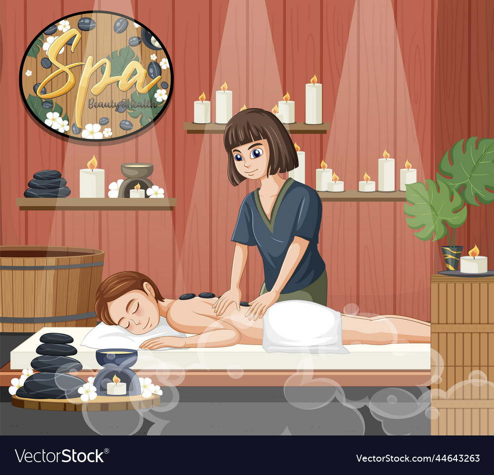 Woman gets stone massage in spa scene Royalty Free Vector