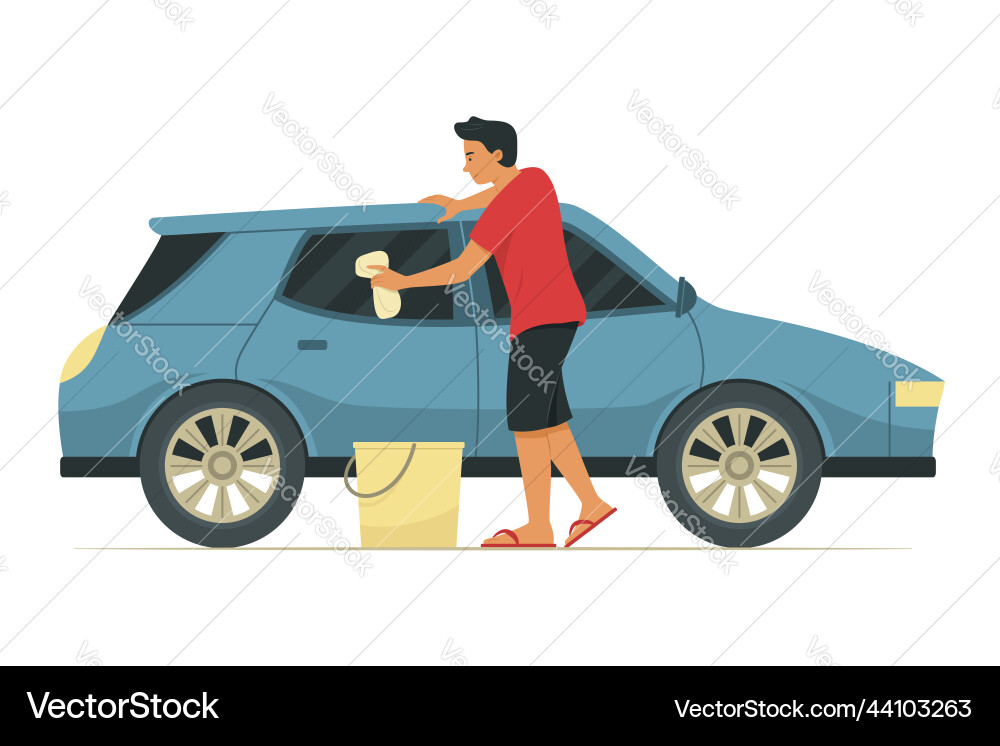 Young man washing and cleaning car Royalty Free Vector Image