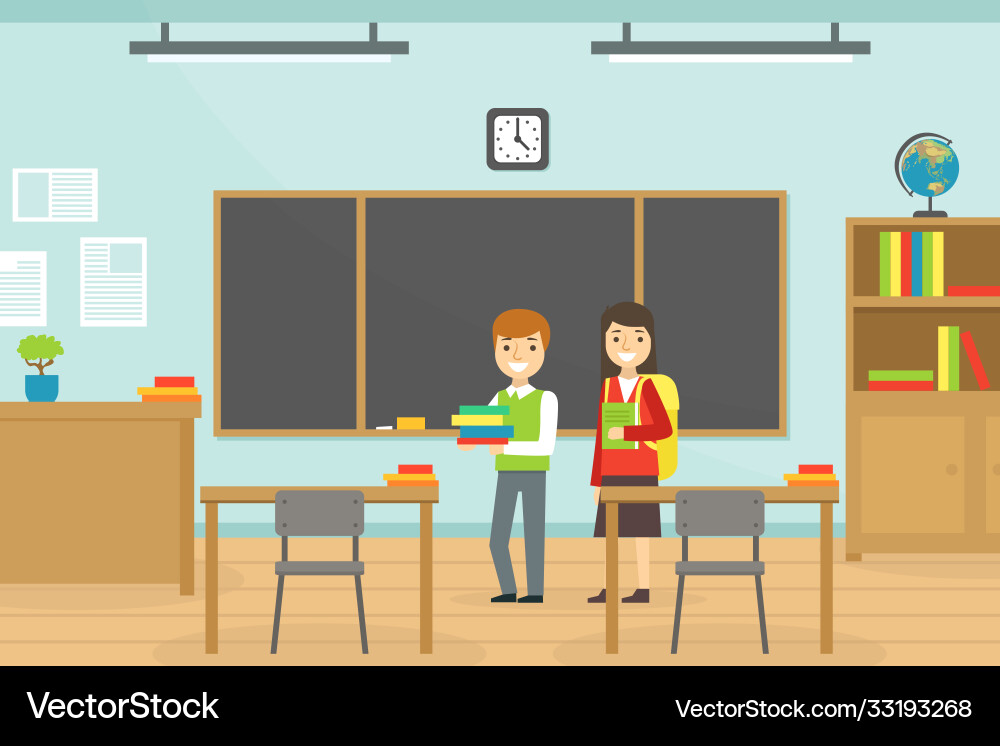 Cheerful school students with backpacks and books Vector Image