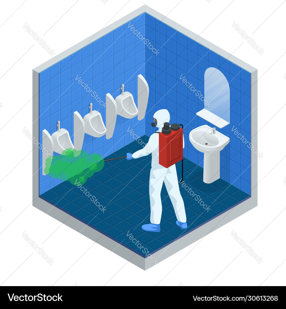 Isometric man wearing a protective suit disinfects
