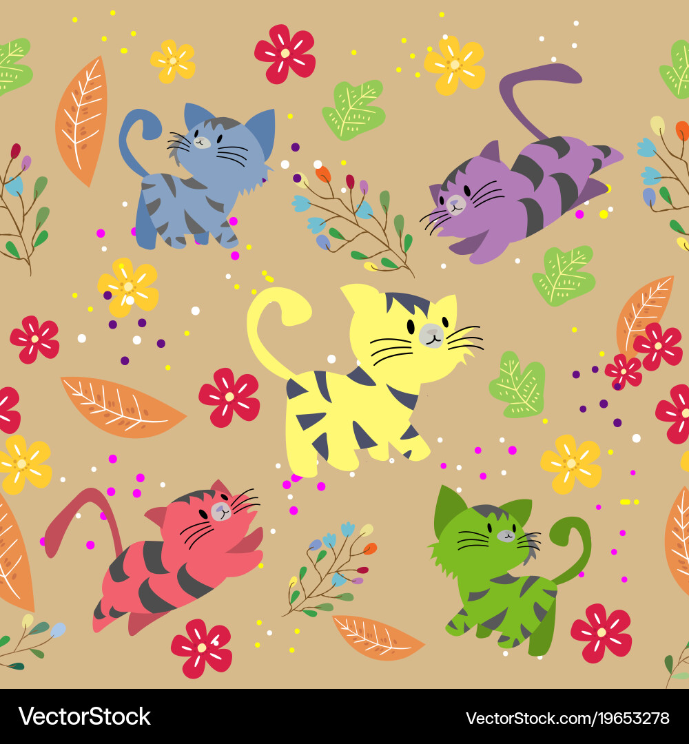 Cute cat seamless pattern with flower on colorful Vector Image
