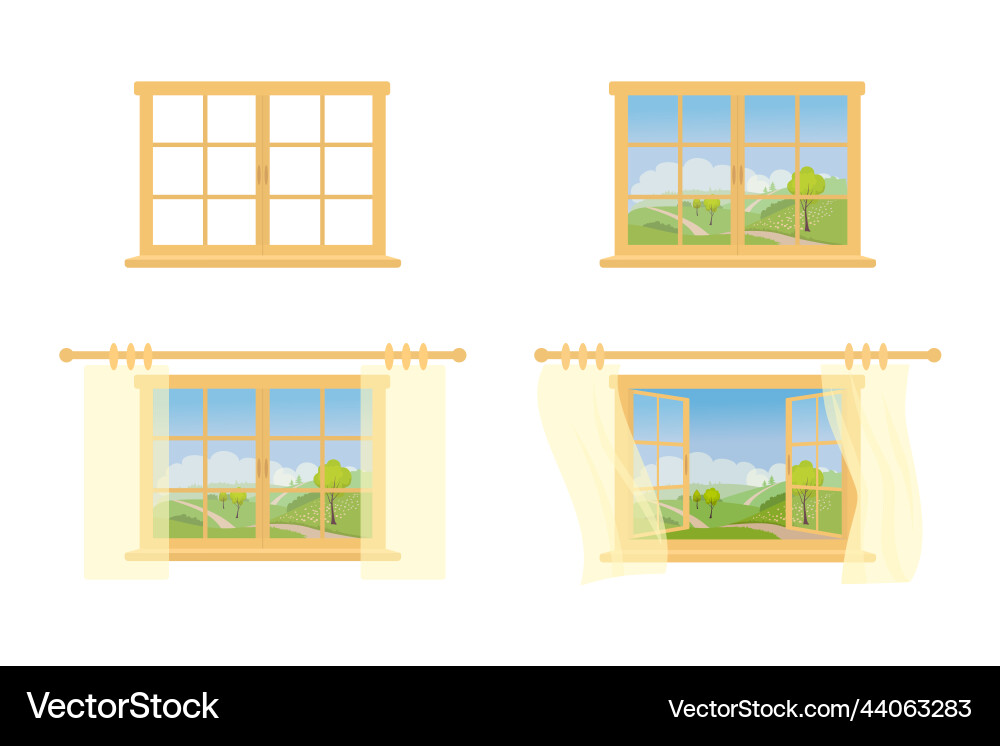 Set of open and closed windows on white background