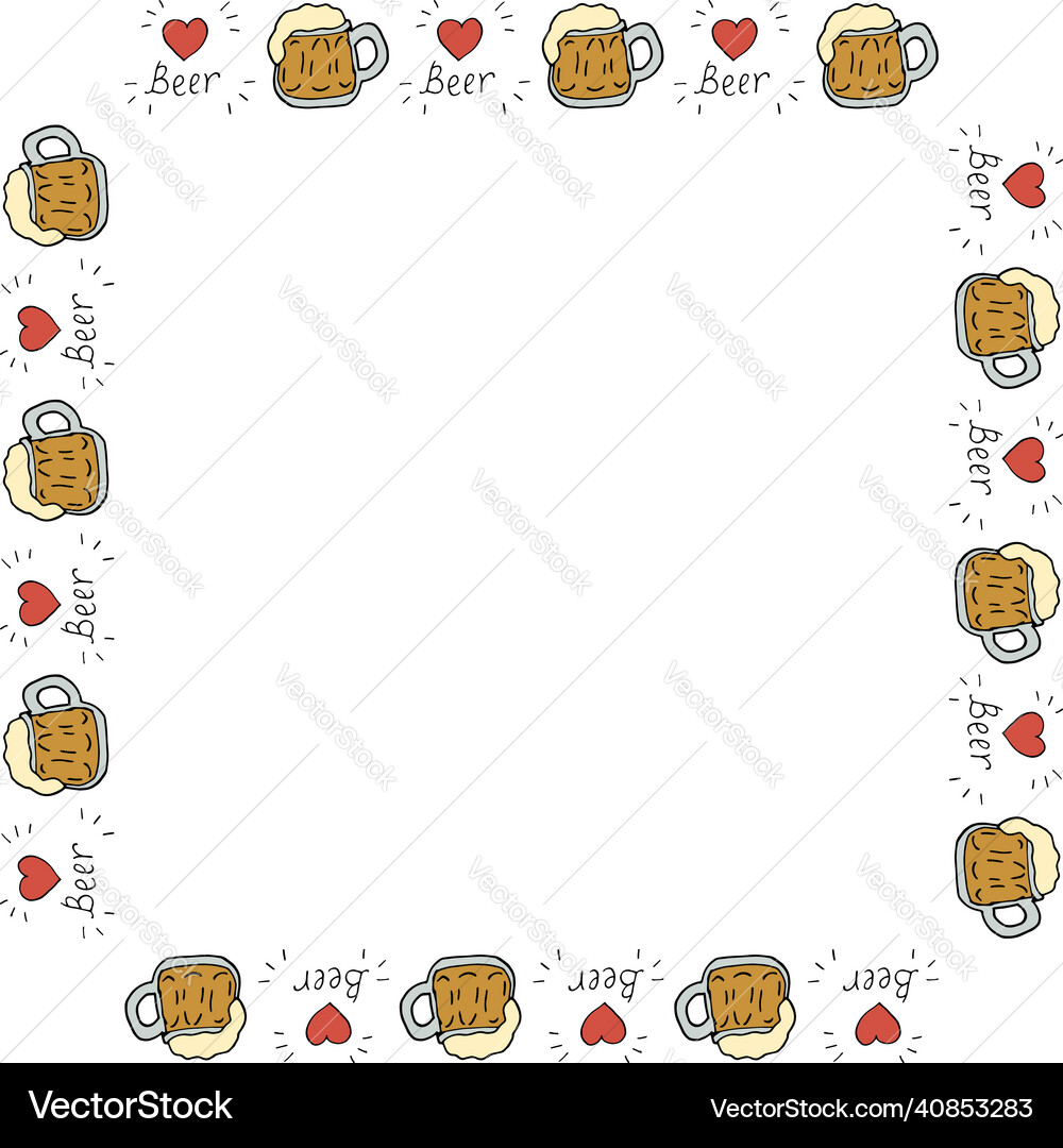 Square frame with beer mugs and hearts on white Vector Image