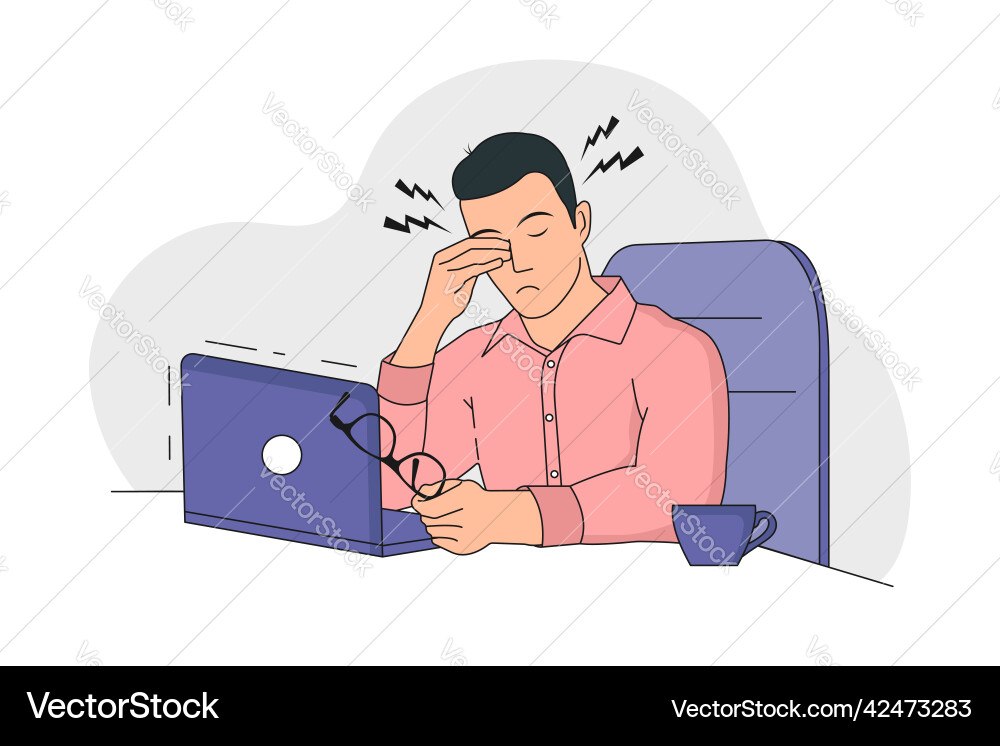 Young guy is working on a laptop tired character Vector Image