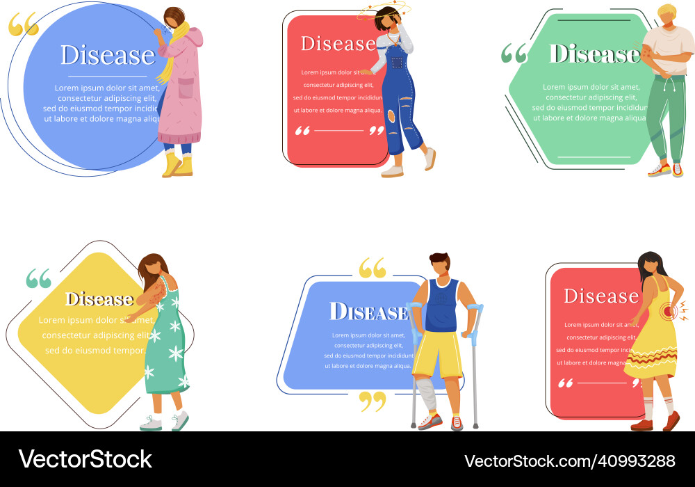 Disease flat color character quote set sickness Vector Image