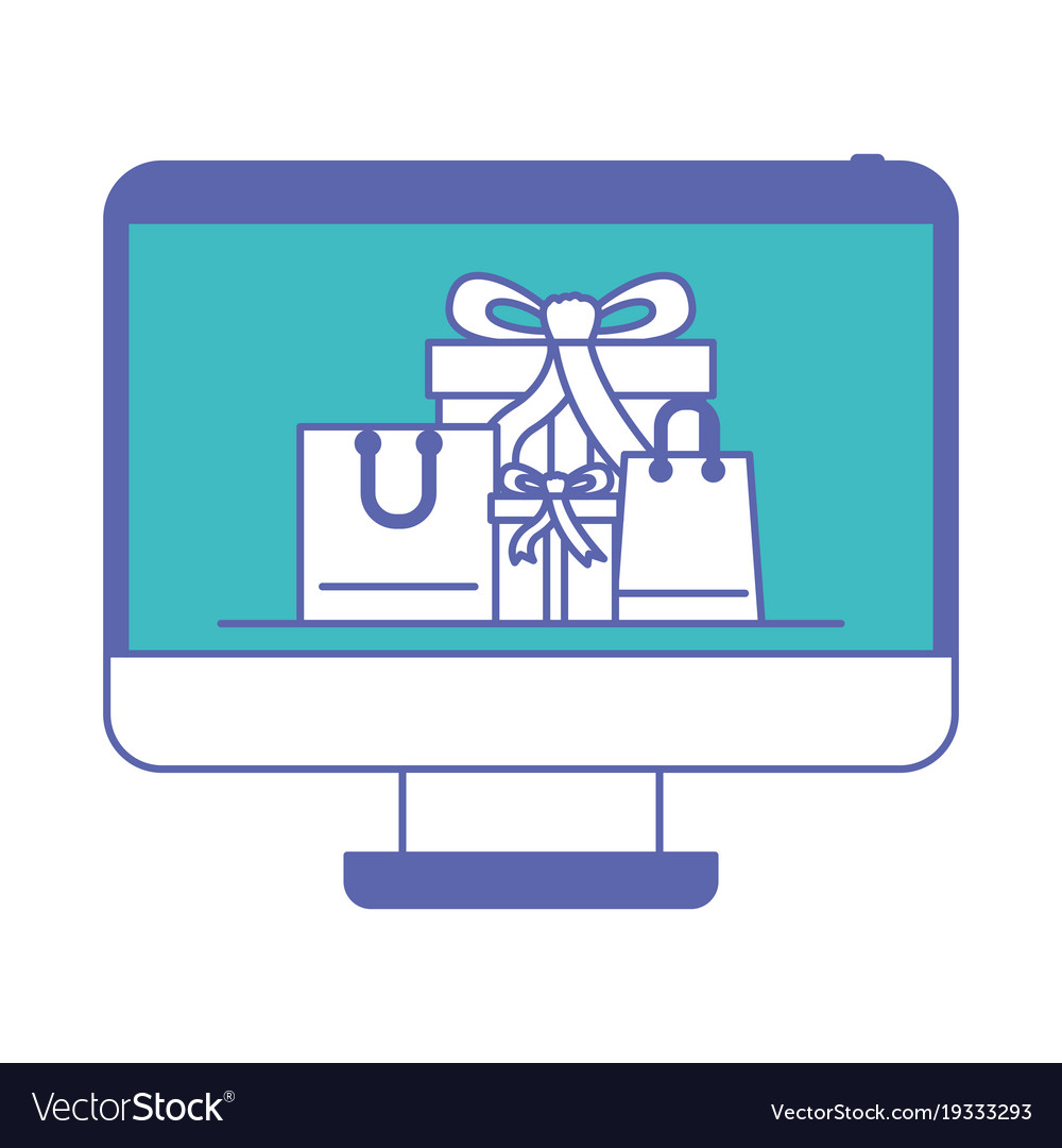 Desktop computer front view with gift boxes Vector Image