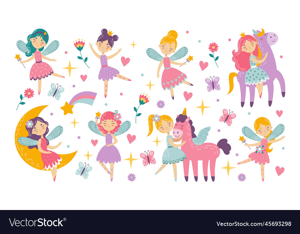Ballerina girls rainbow and unicorn pink fairy Vector Image