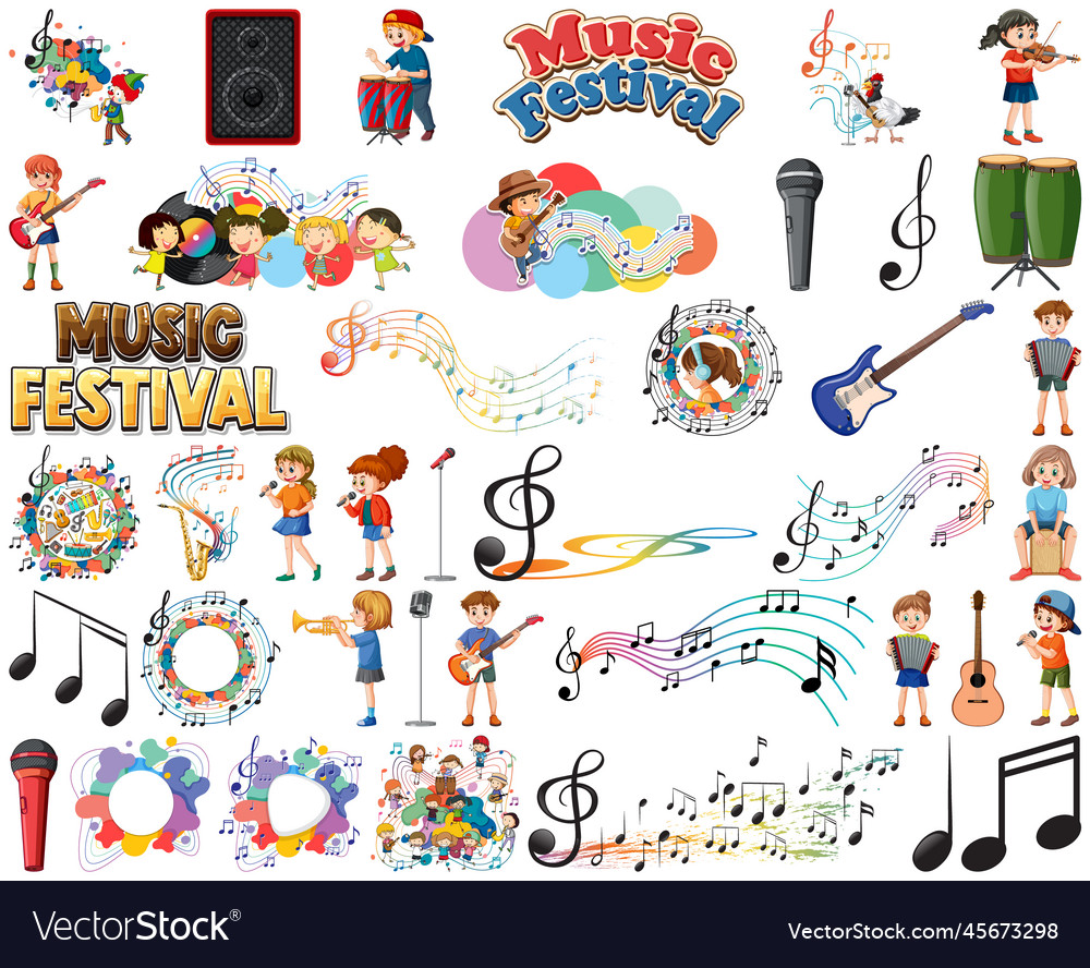 Kids musical instruments and music symbols set Vector Image