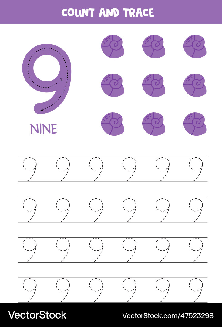 Trace numbers number 9 nine cute crtoon seashell Vector Image
