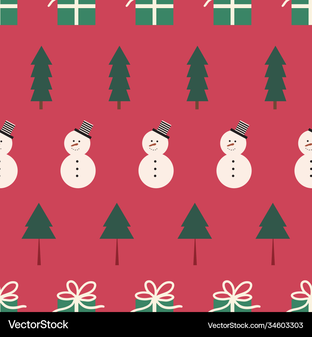 Red christmas trees gifts and snowman Royalty Free Vector