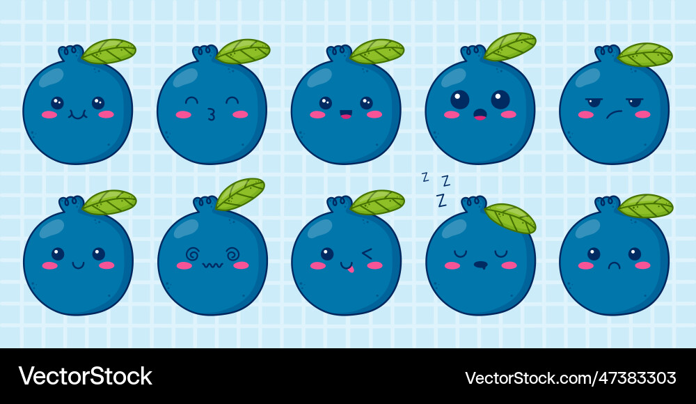 Set cute kawaii blueberry character Royalty Free Vector