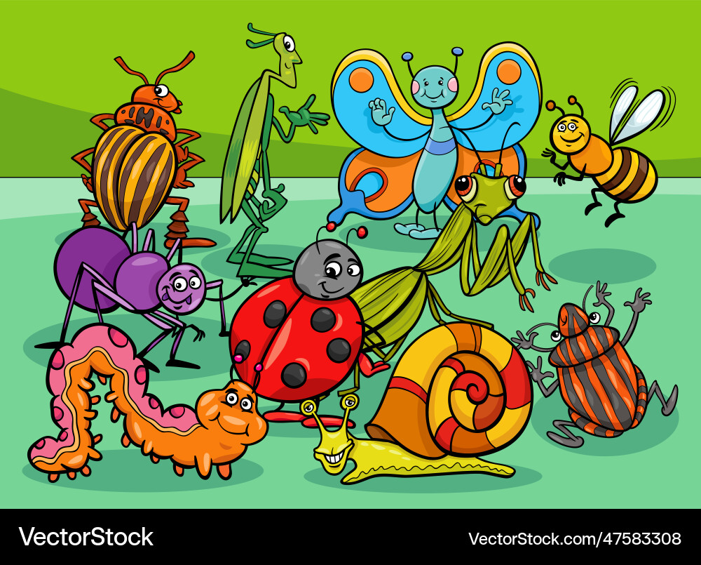 Funny cartoon insects and snail comic characters Vector Image
