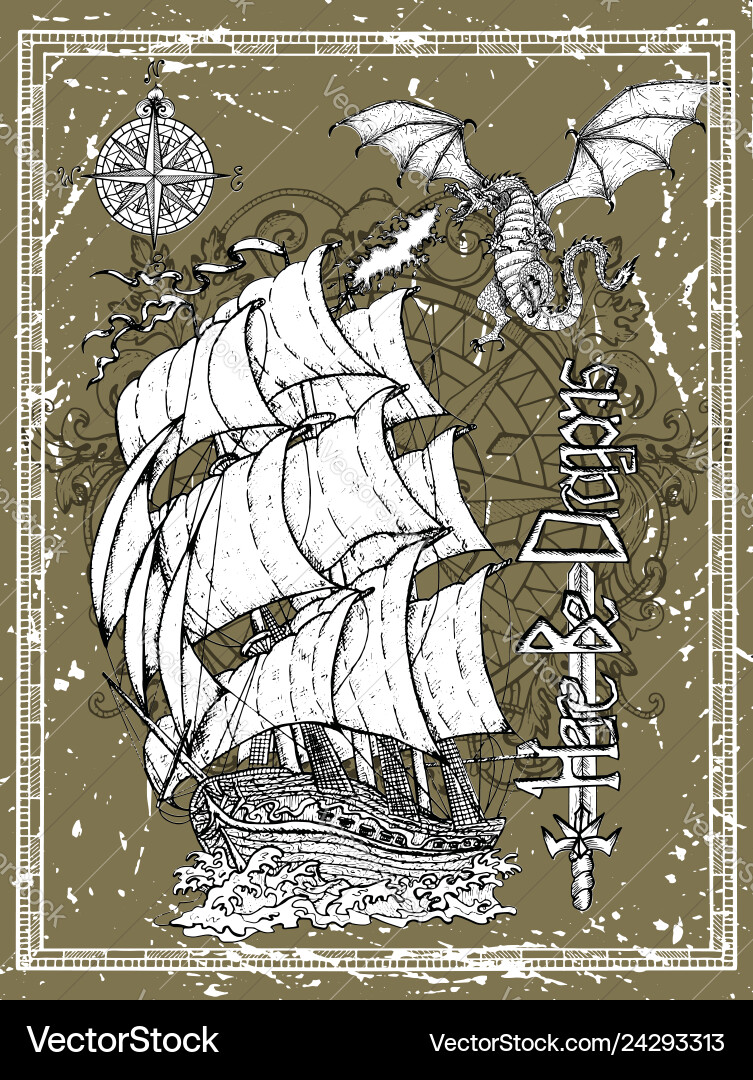 Hand drawn detailed antique sailing ship compass Vector Image
