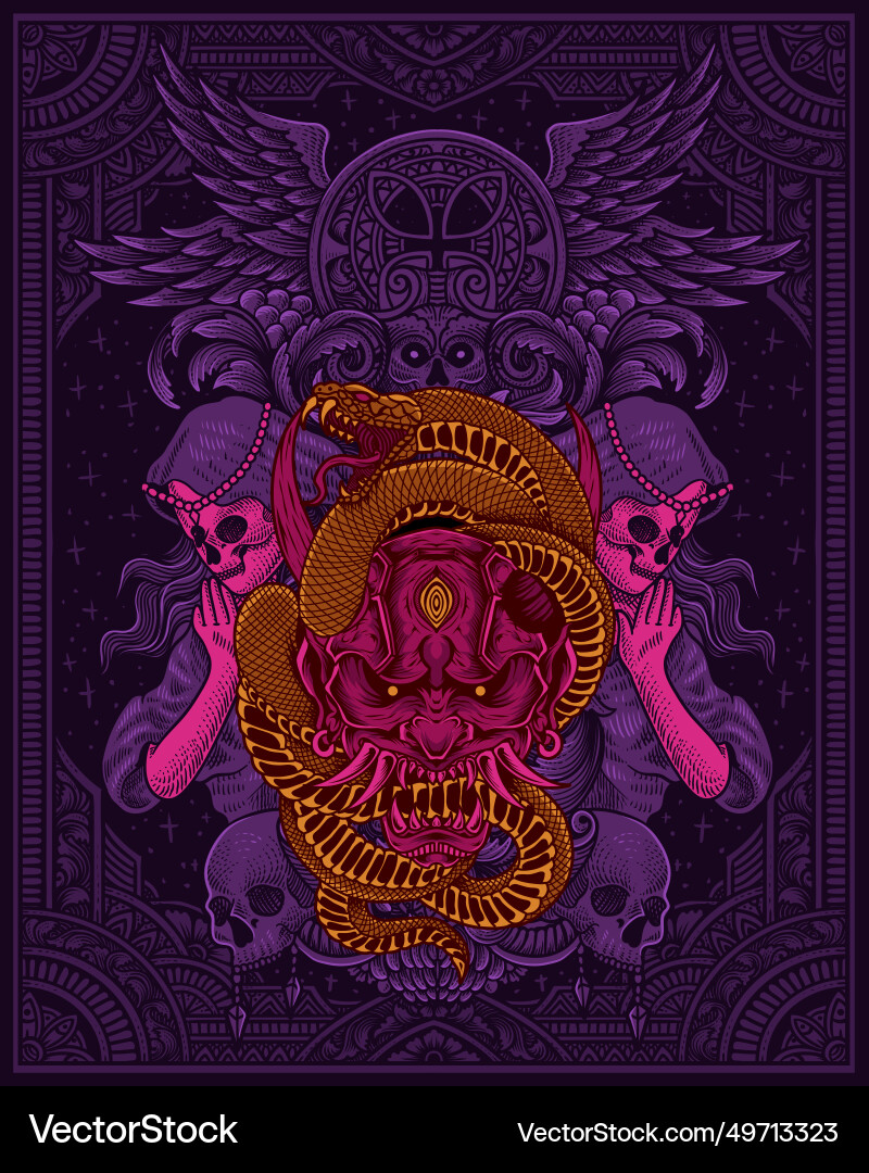 Demon mask with snake engraving style Royalty Free Vector