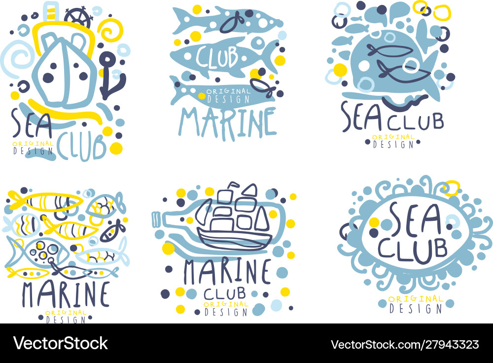 Hand drawn marine labels and logos original design