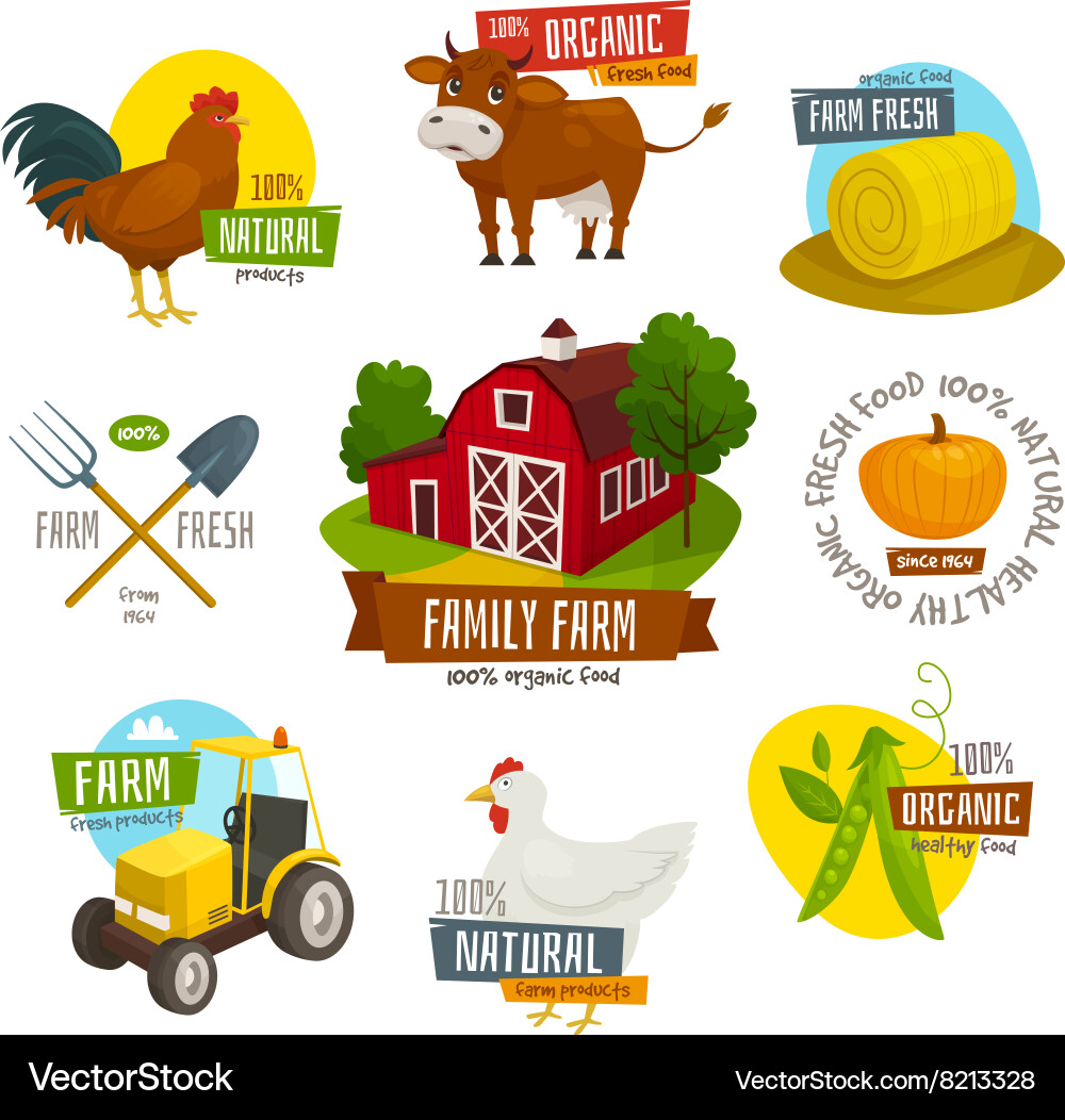 Farm labels set cartoon farming emblems Royalty Free Vector