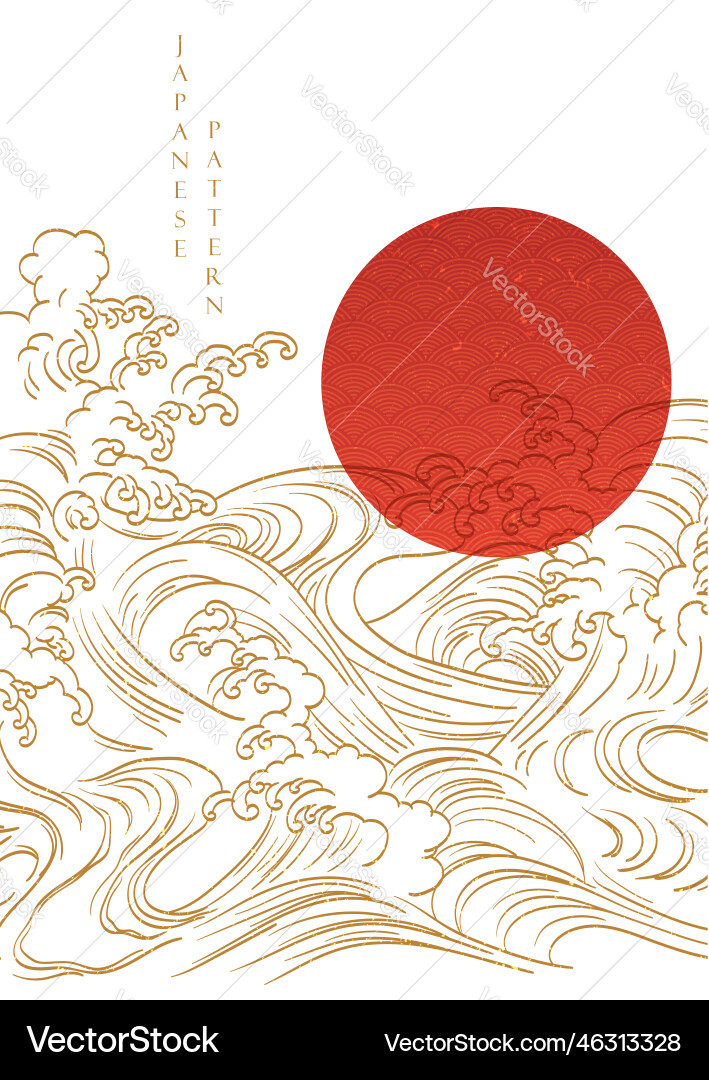 Red sun with hand drawn wave japanese template Vector Image