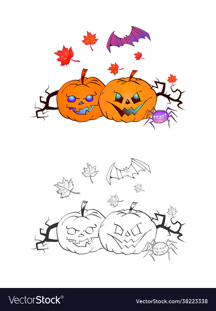 Halloween with smiling pumpkins bat and spider Vector Image