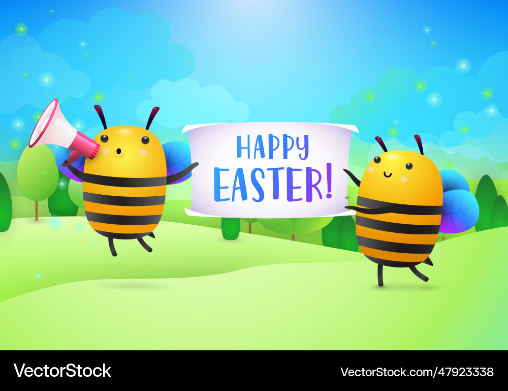Happy easter lettering on banner held by two bees Vector Image