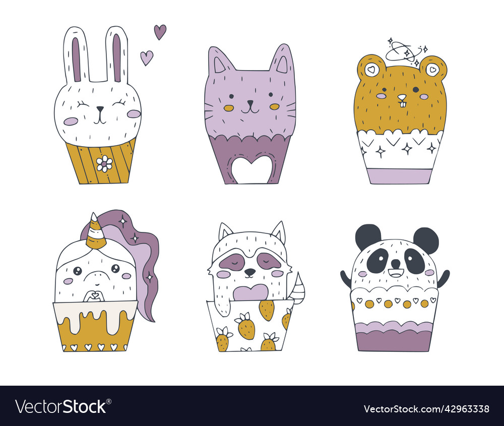 Set of funny animals in cupcakes children s Vector Image