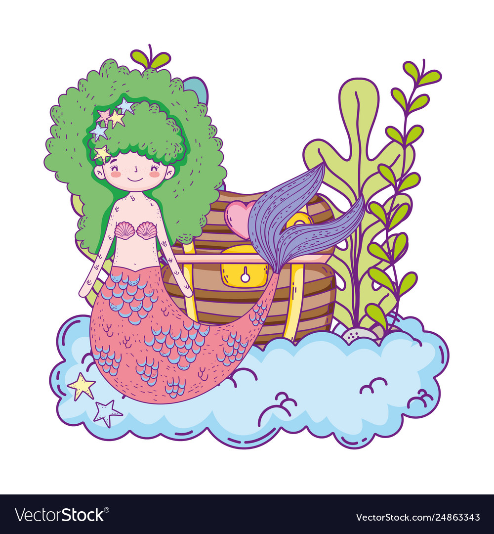 Cute mermaid with treasure chest undersea Vector Image