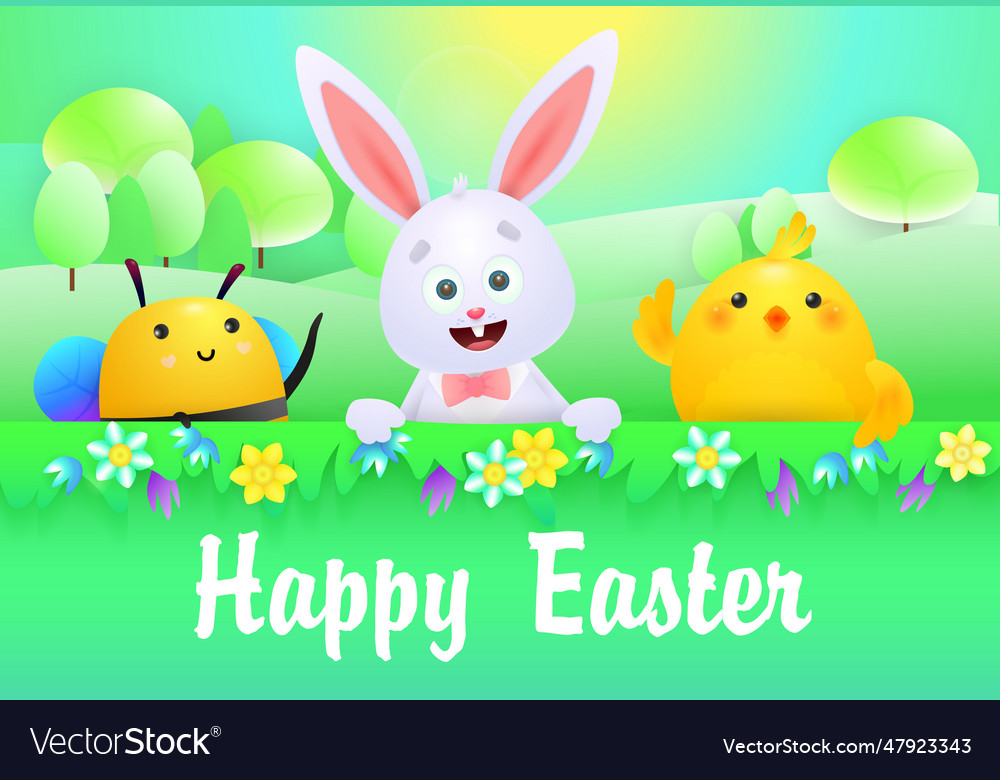 Happy easter lettering with cute bunny chicken Vector Image
