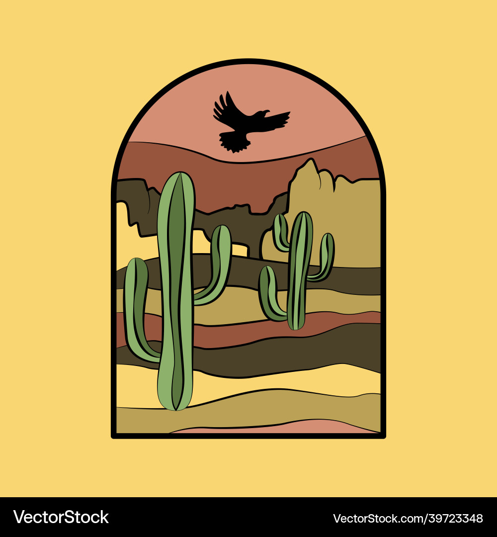 Cacti in the desert a bird sky Royalty Free Vector Image