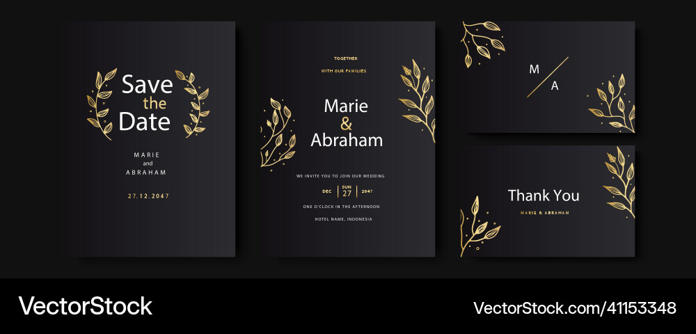 Gold flower wedding invitation card template set Vector Image