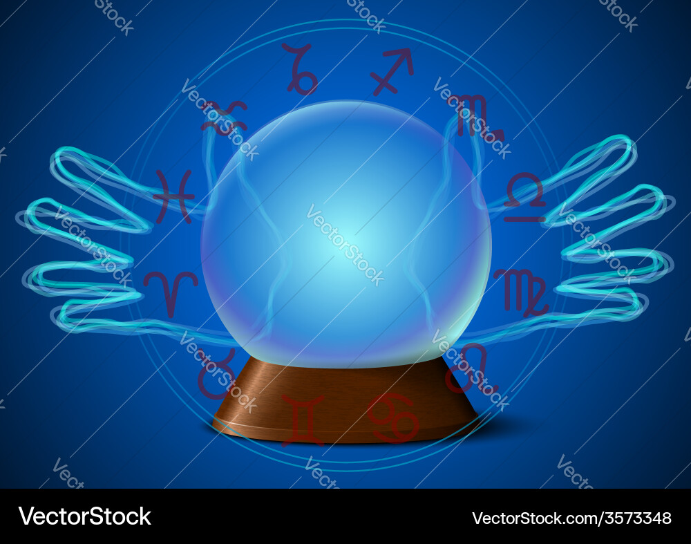 Magic ball with hands and zodiac signs Royalty Free Vector