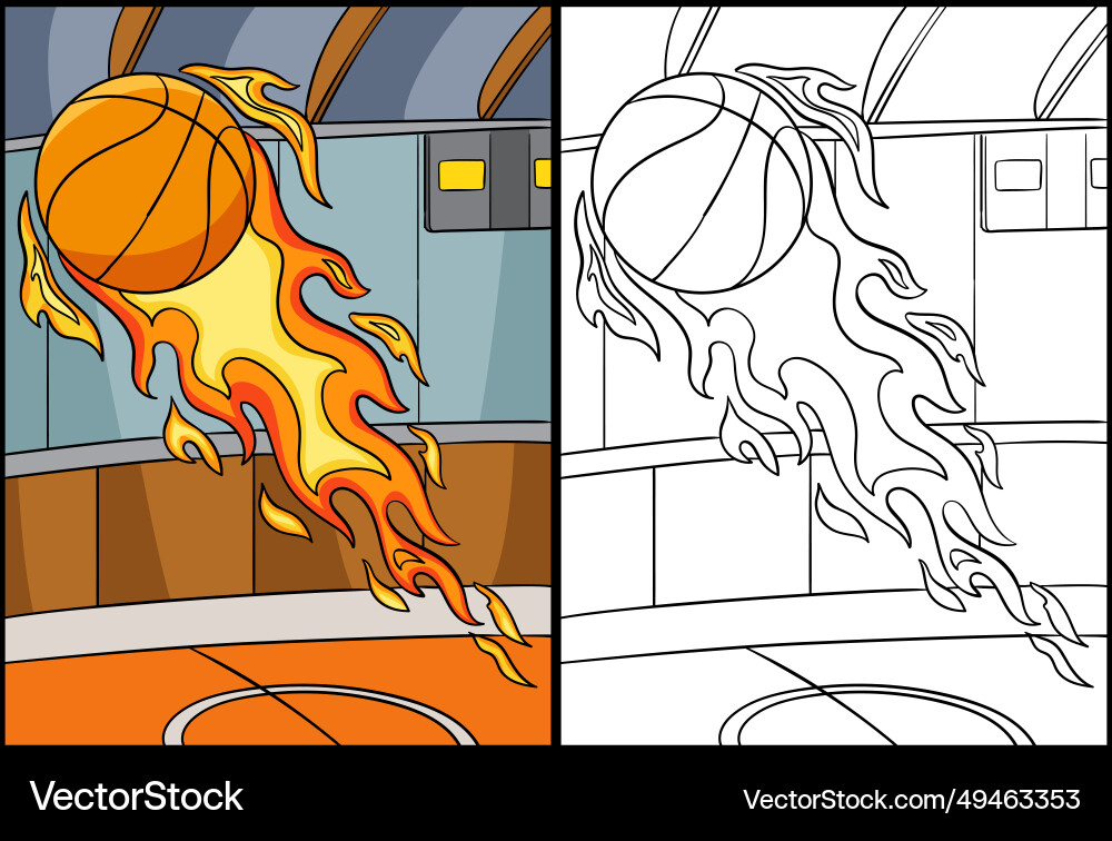 Basketball ball in fire coloring page Royalty Free Vector
