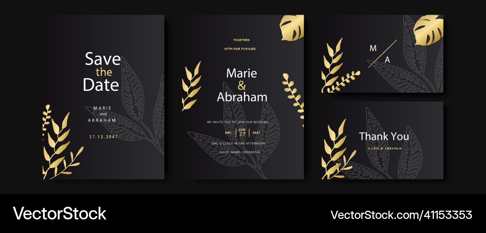 Gold flower wedding invitation card template set Vector Image