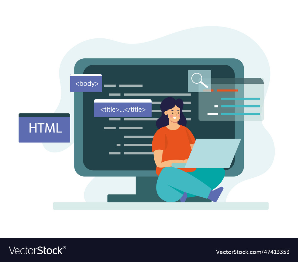 Happy cartoon female working as developer flat Vector Image